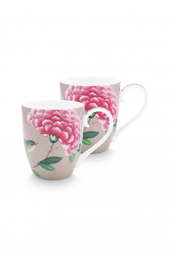 Pip Studio Set 2 mokken XL Blushing Birds Khaki beige 450ml – Julien Deluxe
